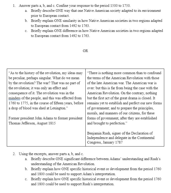 AP U.S. History: Semester 1 Final Exam: Short Answer Question - SY23 ...