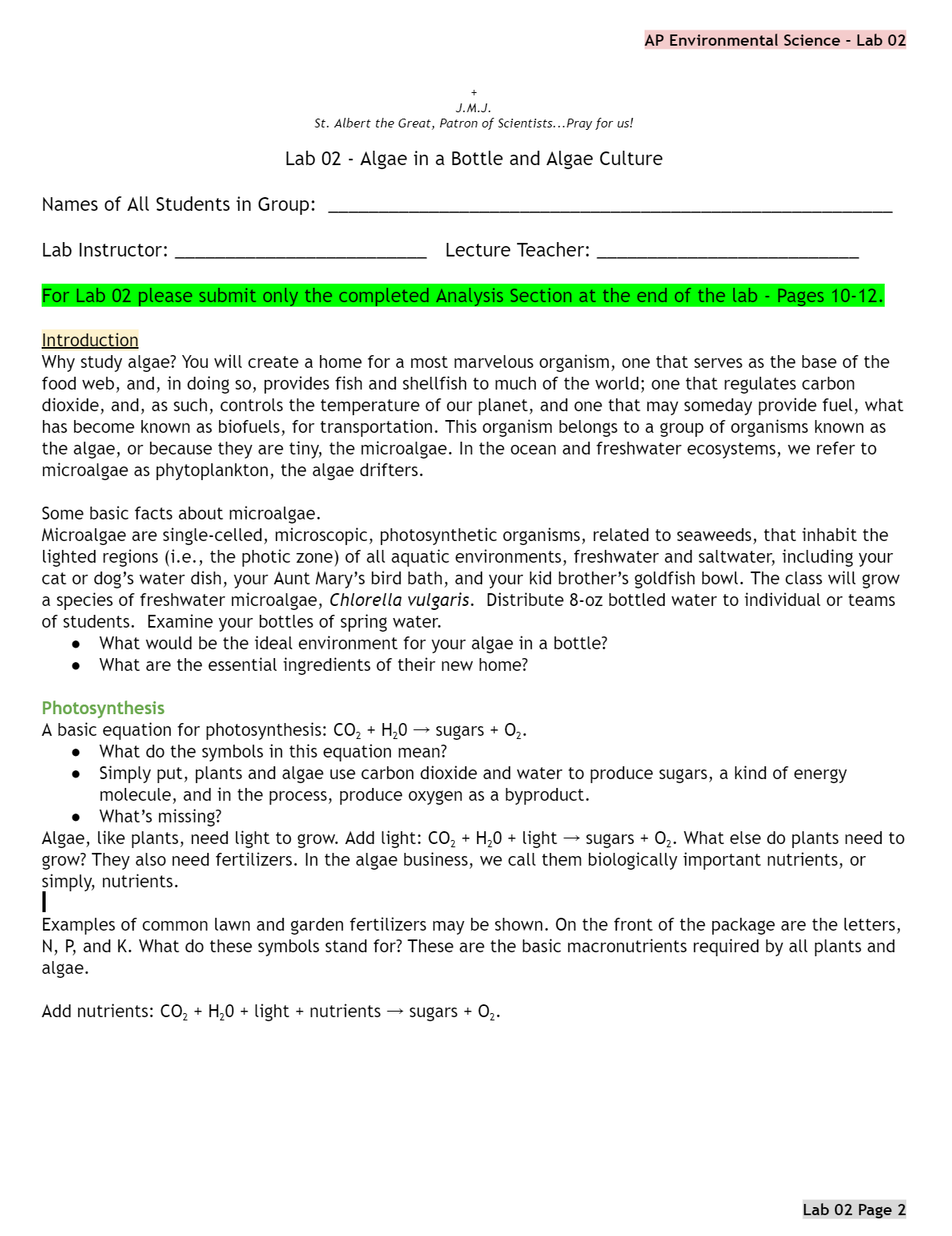 APES Lab 02 PRE LAB Algae Cultures Primary Production - Bro. Benjamin ...