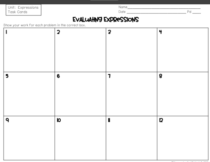 Evaluating Expressions Task Cards - Emily Brown | Library | Formative
